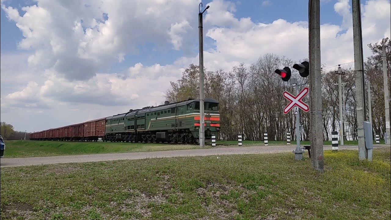 3.05.22 Длинный грузовой поезд тормозит на переезде Медвежий Лог Train ...