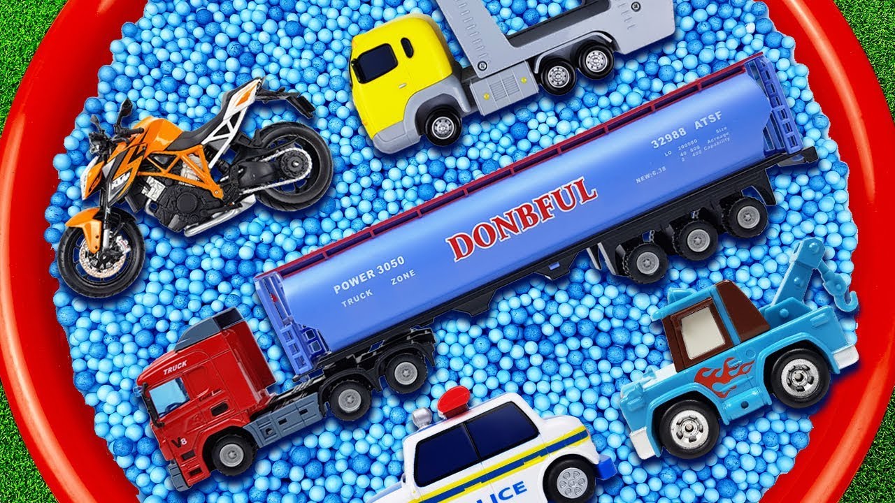 Learn Characters with Car Toys, Tank Truck, Tayo, Robocar in Red Pool ...