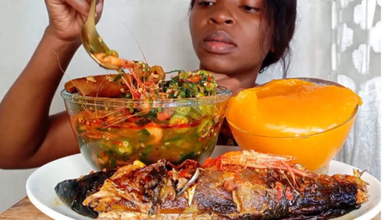 ASMR-Peppersoup Okra with Shrimps🍤🦐 Ponmo and Smoked Fish Eaten with ...