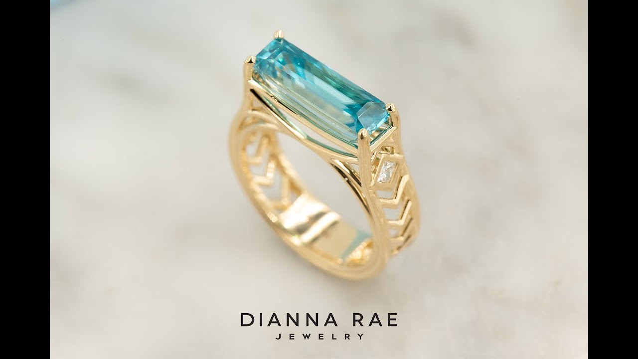 Horizontal Radiant Cut Blue Zircon Ring with Princess Cut Diamond ...