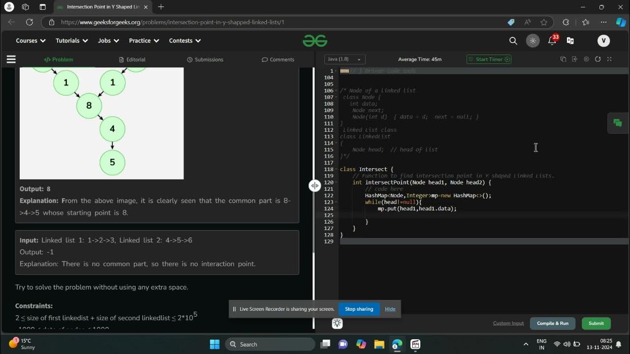 Intersection Point in Y Shaped Linked Lists Geeks for geeks problem of the day Easiest Java ...