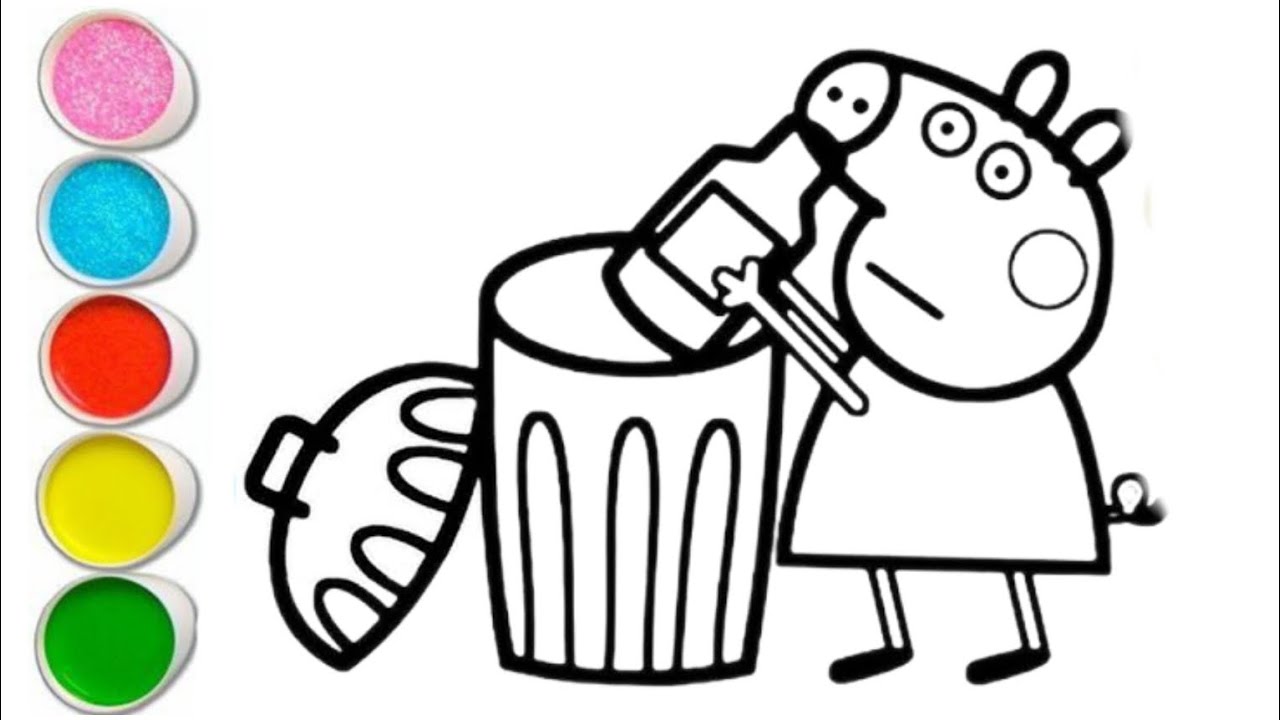 Peppa Pig with dustbin drawing and colouring for kids and toddlers ...