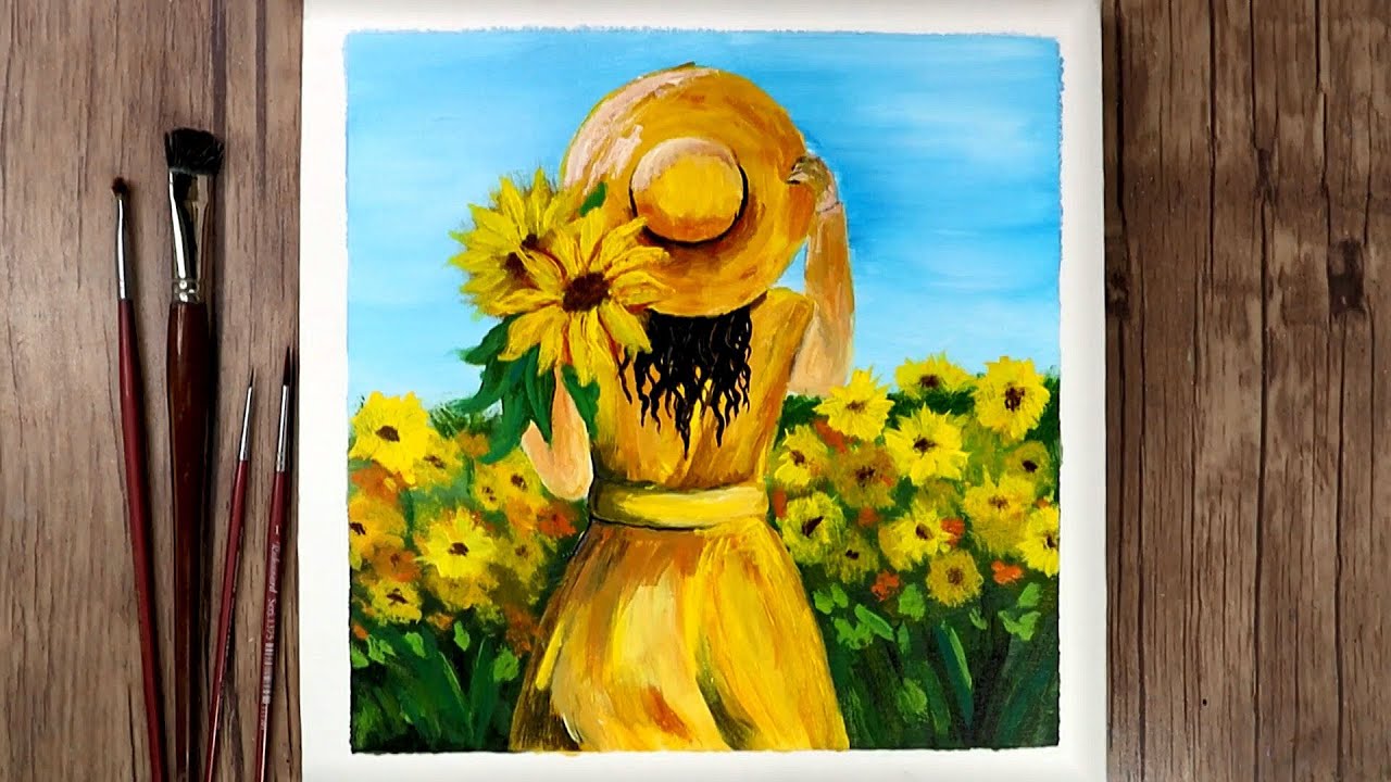 How to Paint a Girl for Back Side with Sunflowers | Simple Painting for ...
