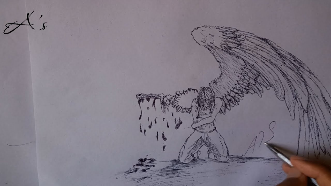 Broken Angel Drawing Engel In Bordeaux Rood En Warm Grijs