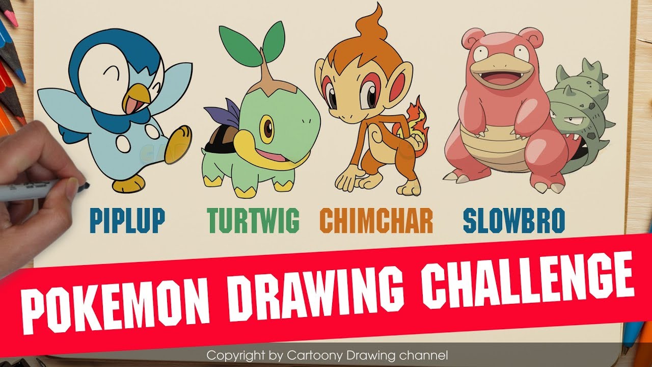 How to draw 4 Pokemons - 15 mins drawing challenge - Piplup, Chimchar ...