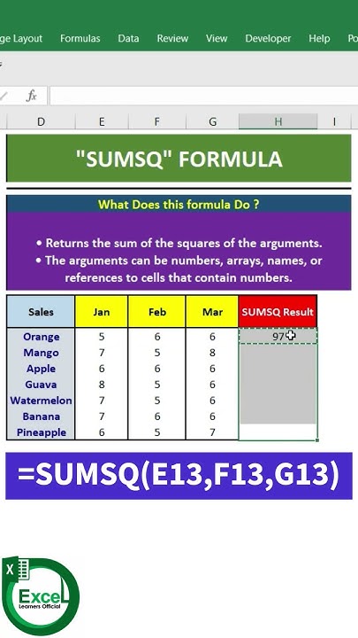 Sumsq Formula In Excel Shortsfeed Shortsviral Excel Exceltutorial Excelcourse Excelformula