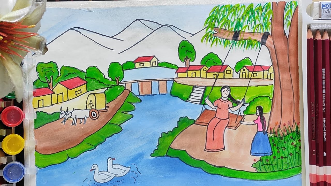 Drawing of Village with river /How to draw village drawing - YouTube