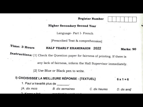 12th std French half yearly exam model question paper 2022-2023 - YouTube