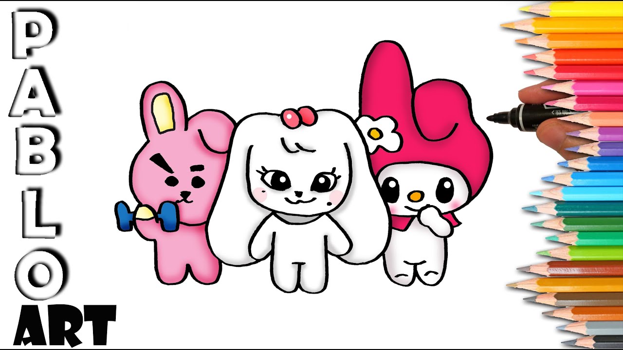 How to draw My melody and Cooky from Bt21 and Cherry from minive ...