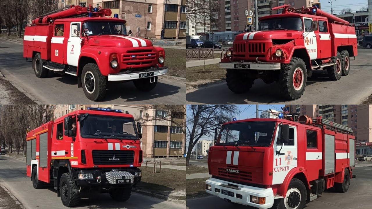 4 Ukrainian fire trucks with blue lights going to and returning after ...
