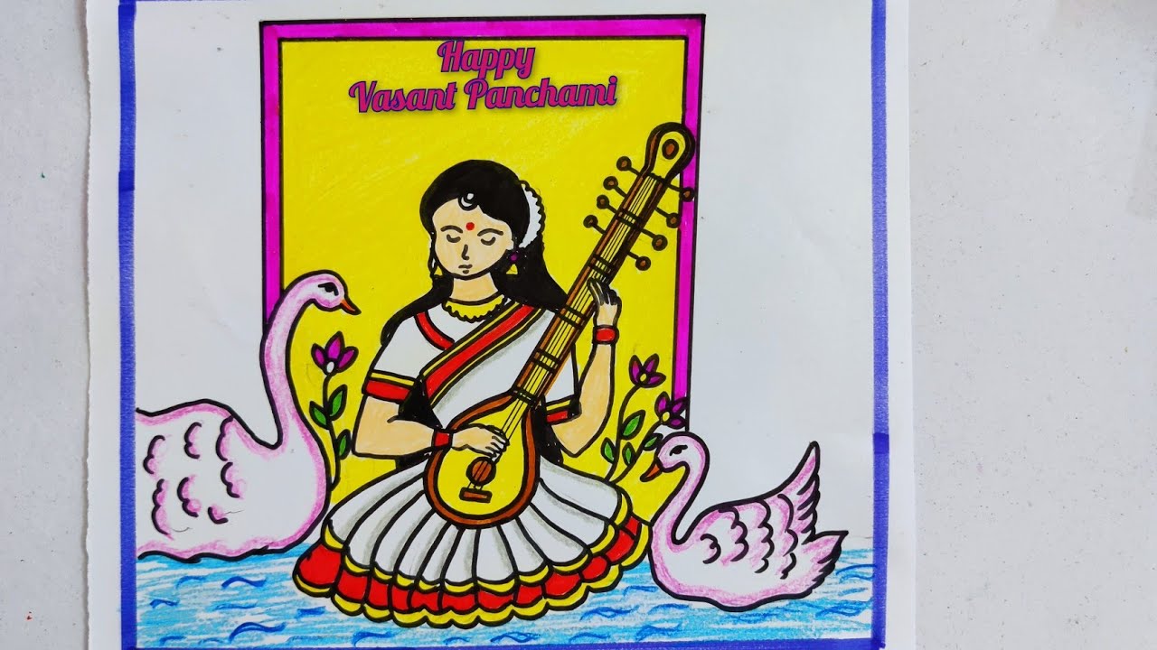 Saraswati Maa Bina Drawing Easy | Saraswati Maa Drawing | Vasant ...