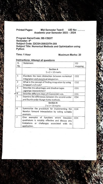 Numerical Method and Optimization using python Question | MST -2 | 2023-24 | semester exam| CU ...