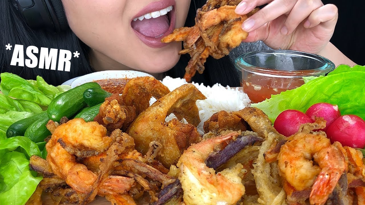 Asmr Fried Chicken And Shrimp Fritters Eating Sounds Homemade Crunchy Food No Talking Asmr