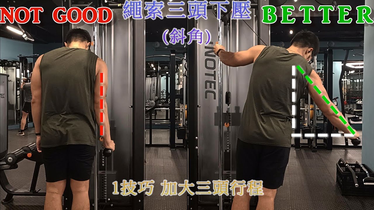 How To Extend Distance For Triceps Press Down 繩索三頭下壓 斜角 1技巧加大三頭行程 ...