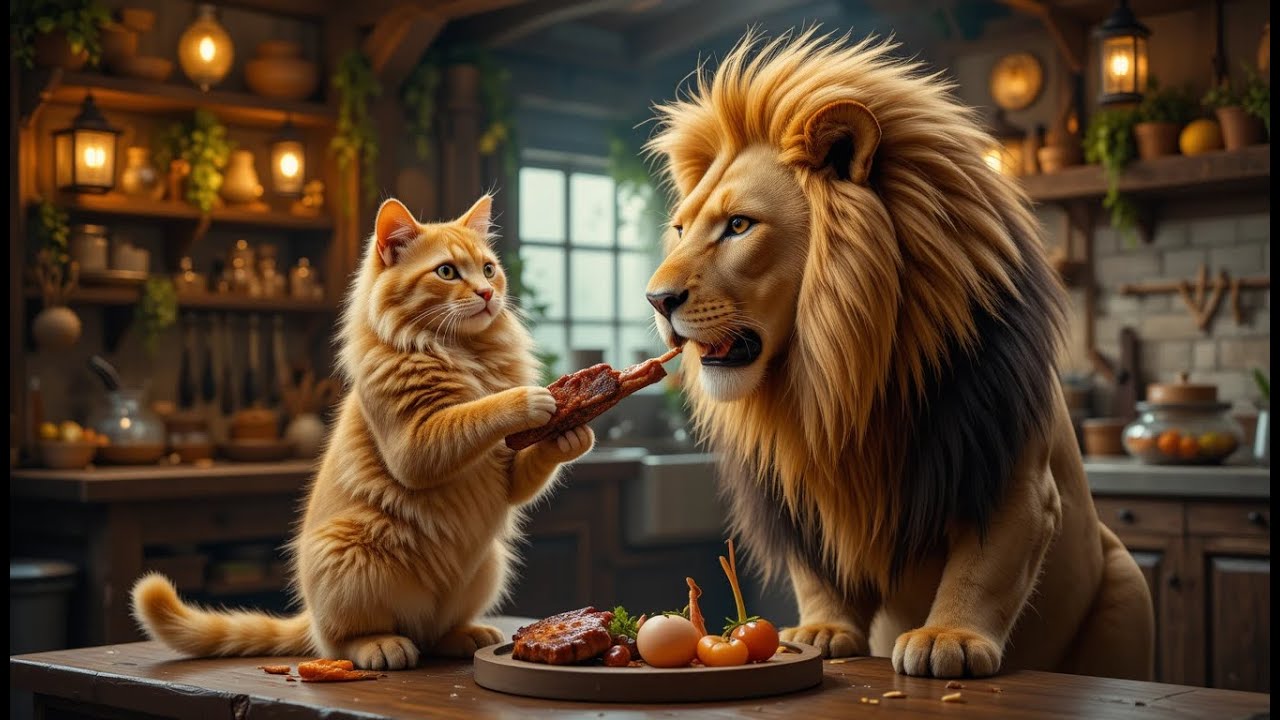 The little cat saved the injured lion and prepared delicious food to ...