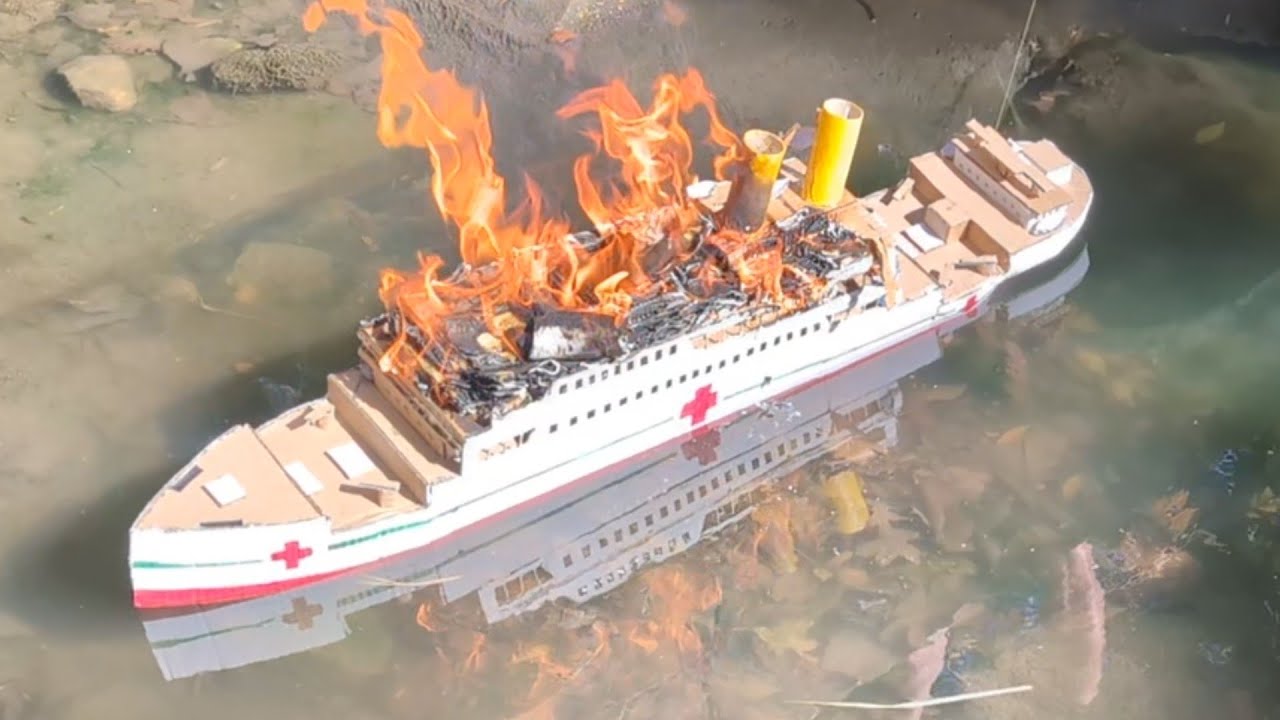 SINKING CARDBOARD SHIP ON FIRE!! - YouTube