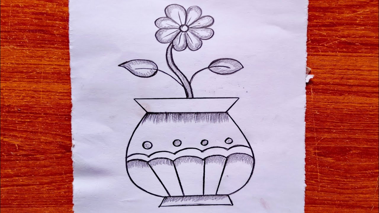 Pencil flower pot drawing // Easy flower pot drawing // How to draw ...
