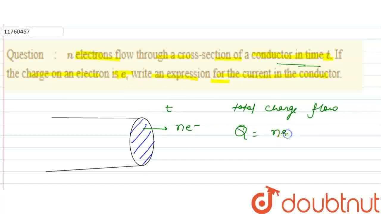 n electrons flow through a cross-section of a conductor in time t. If the charge on an electron ...