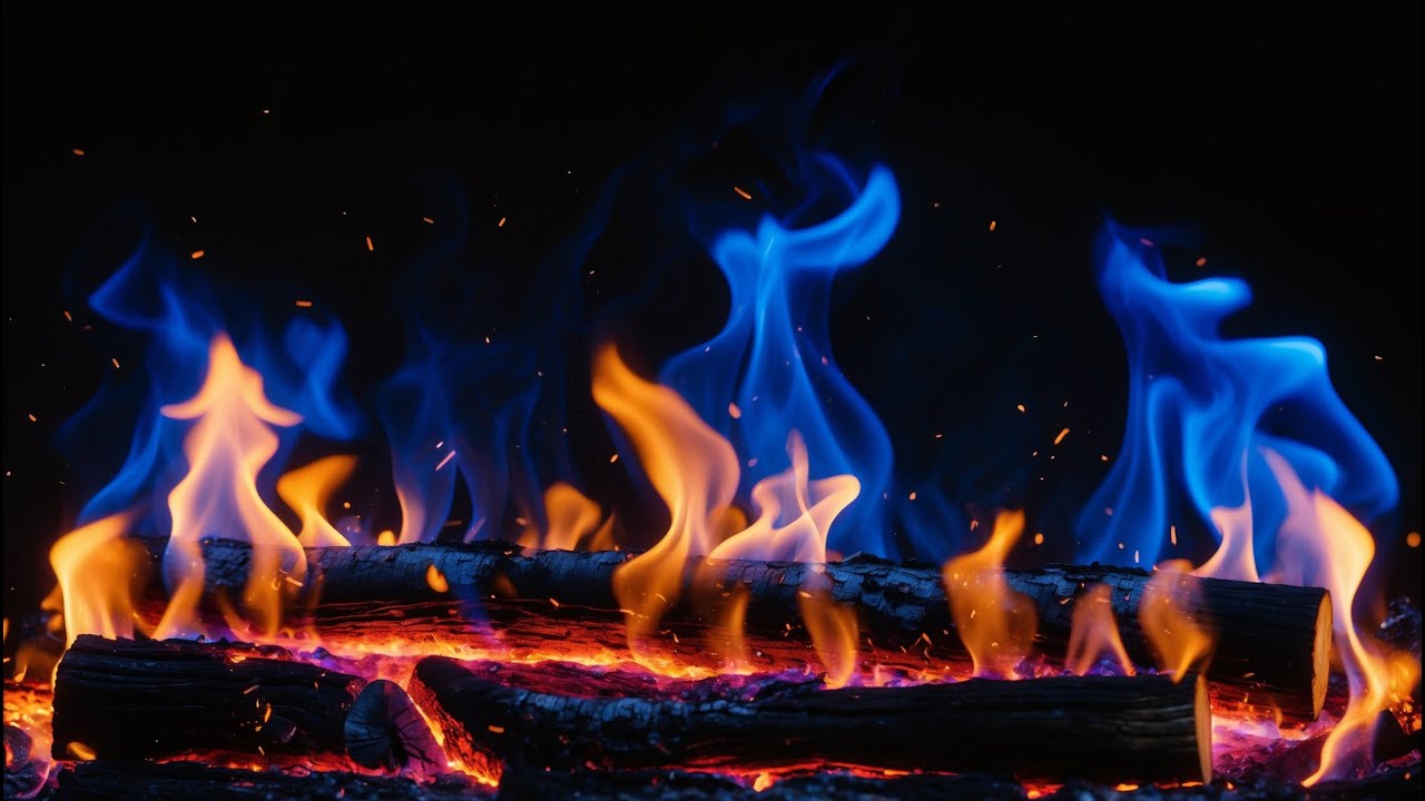 Soothing Blue Flame Fireplace at Night with Soft Crackling Fire Sounds ...
