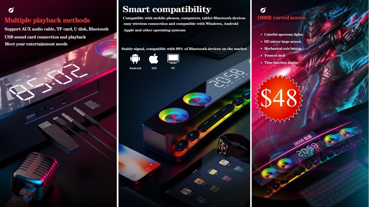 Wireless Game Speaker Soundbar 3D Stereo Subwoofer AUX FM - YouTube