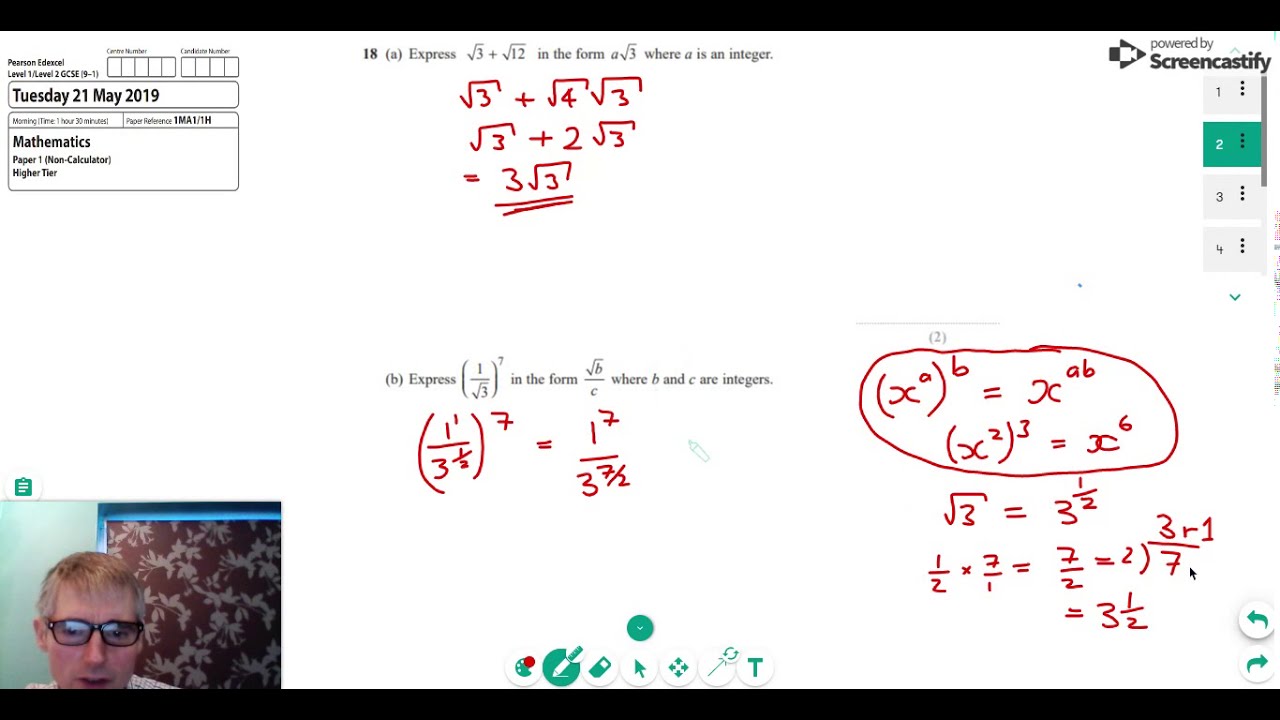 18 Surds Edexcel 2019 Maths GCSE Higher Tier Paper 1 Question 18 - YouTube