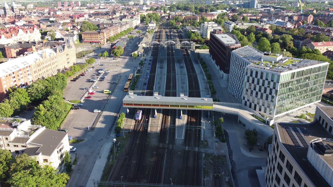 DRONE OVER LUND CENTRAL STATION - INCOMING TRAIN - YouTube