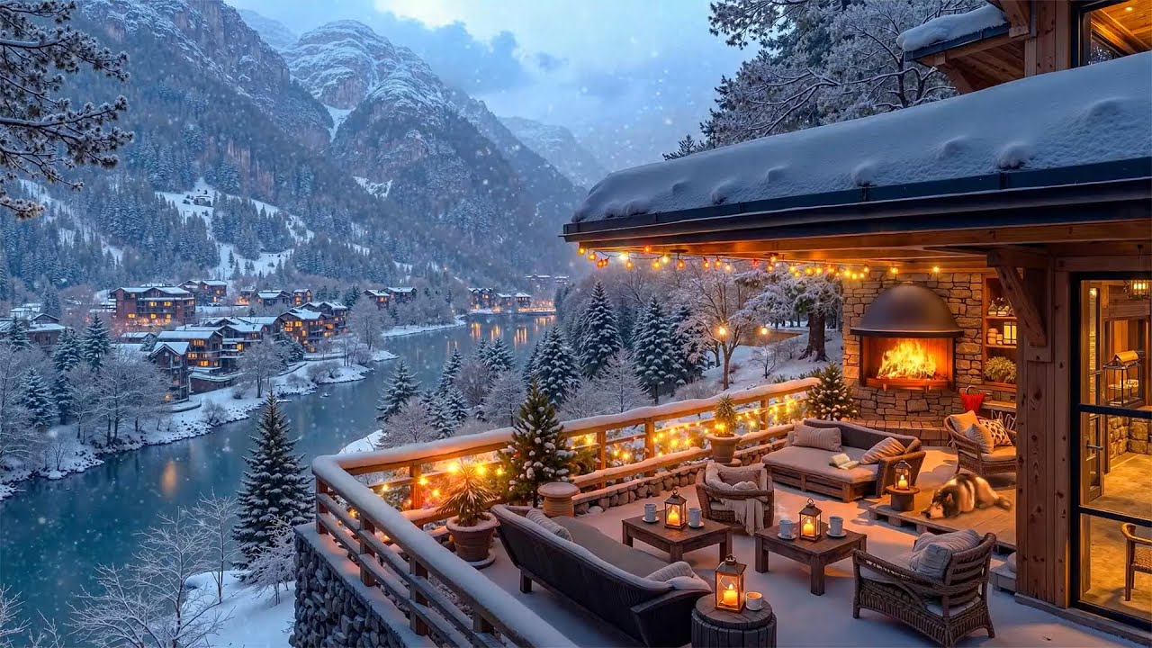Cozy Winter Coffee Terrace with Smooth Jazz | Snowy Night, Warm ...