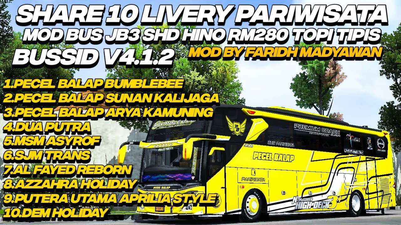 SHARE 10 LIVERY PARIWISATA MOD BUS JB3 SHD HINO RM280 TOPI TIPIS ...