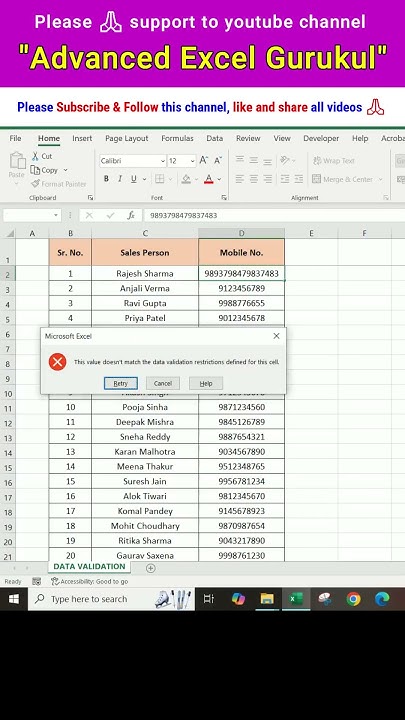 Excel Interview Question: How to Use Data Validation for Mobile Number #shortsfeed #exceltips # ...