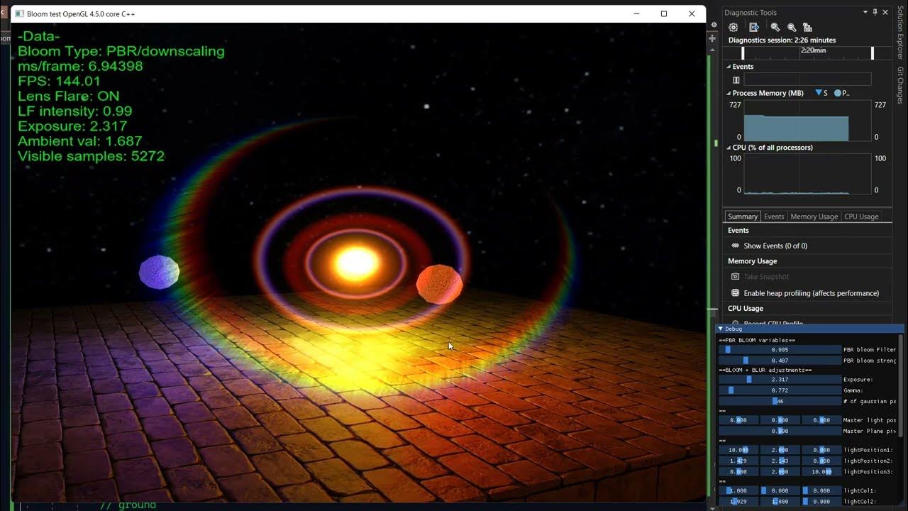 PBR bloom vs threshold gaussian bloom with lens flare & occlusion queries OpenGL 4.5.0 core C++ ...