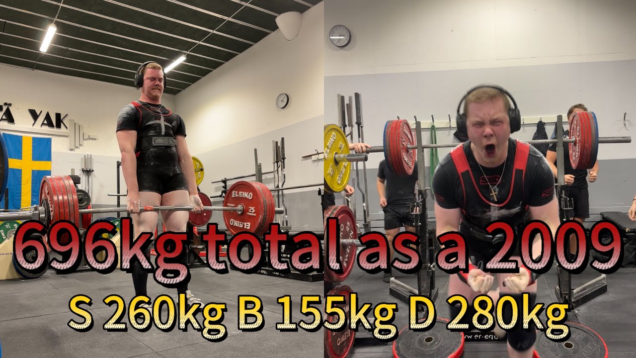 695kg total as a 16 year old 105kg lifter. 260kg squat 155kg bench ...