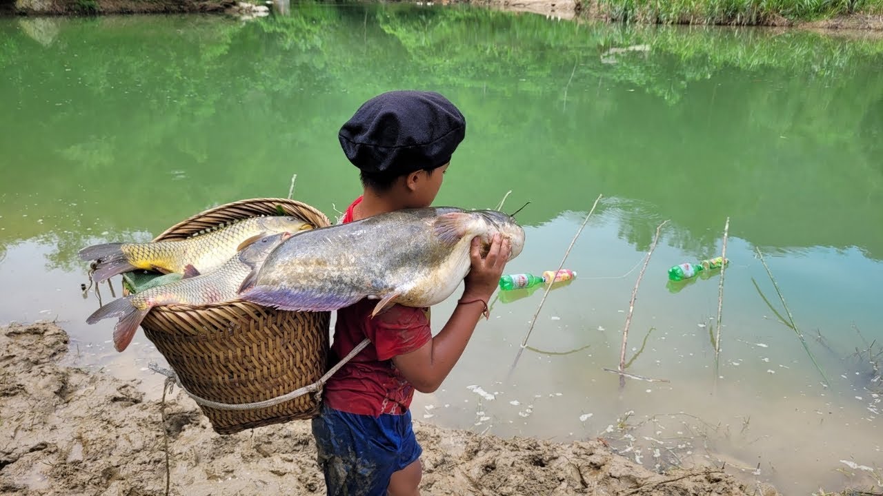 With his fishing talent, Phu caught a 5kg catfish in the stream ...