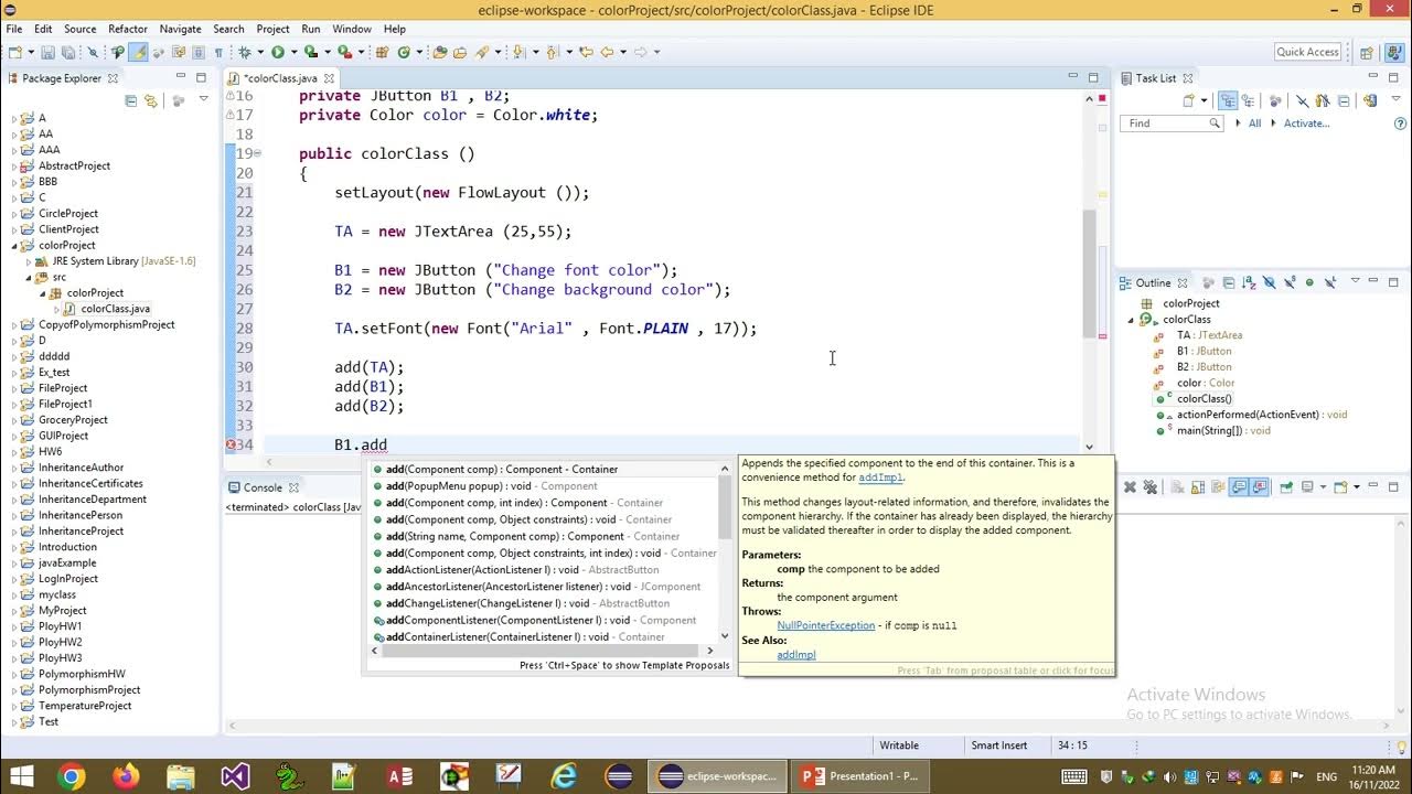 Use a JColorChooser in Java to change the Font and the Background color for a JTextArea. - YouTube