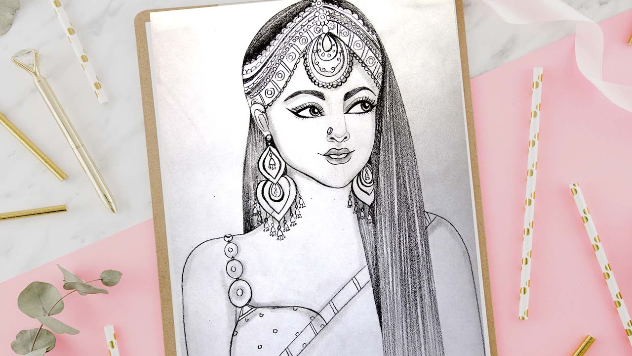 How to draw a traditional women with beautiful ornaments--Girl Drawing ...