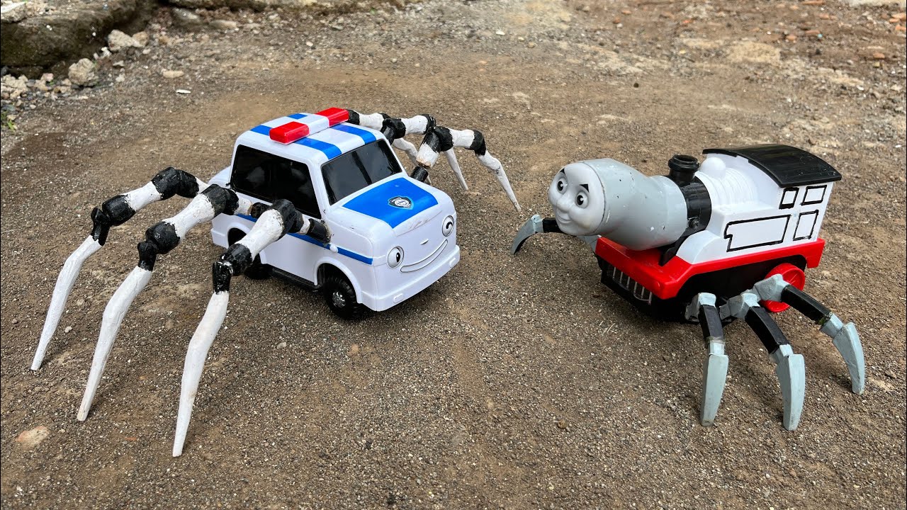 merakit thomas toy train cartoon, monster police spider dan thomas ...