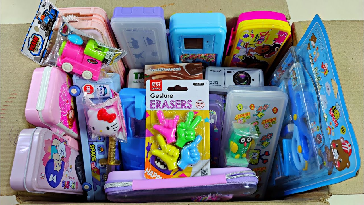 unboxing stationery collection, spongebob pencil case, toy from the box ...