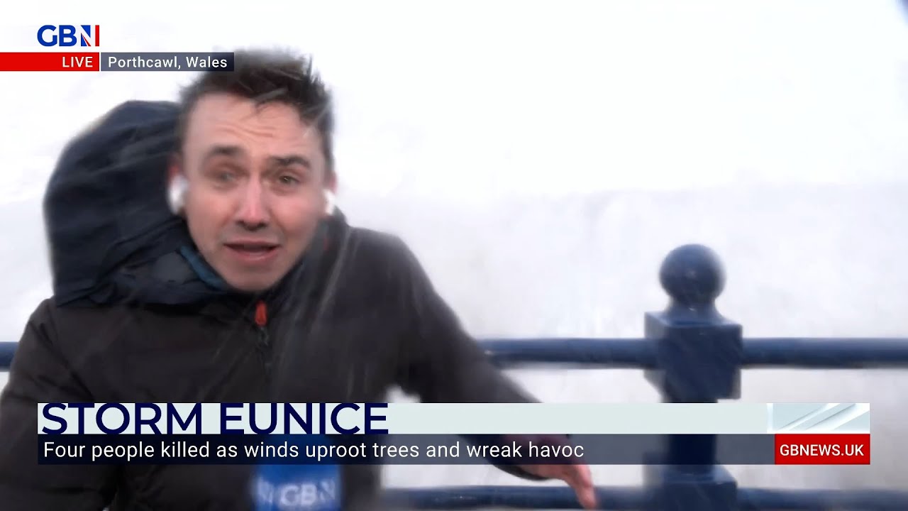 GB News reporter SOAKED by crashing waves in Wales as Storm Eunice ...