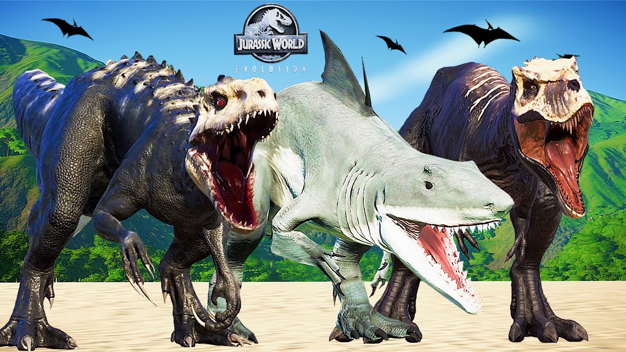 SKULL HEAD T REXY VS INDOMINUS REX VS MEGALODON REX DINOSAURS FIGHT ...