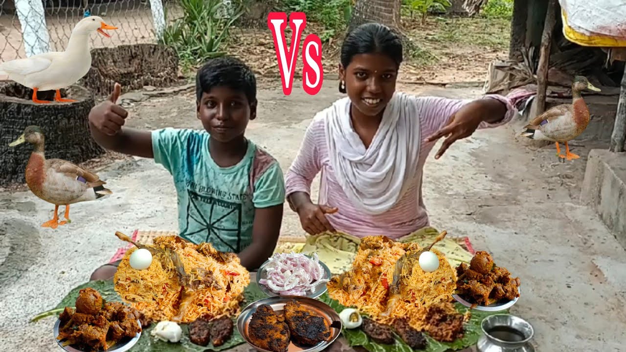 Sister Vs Brother eating challenge DUCK BIRYANI with duck egg, sea fish ...