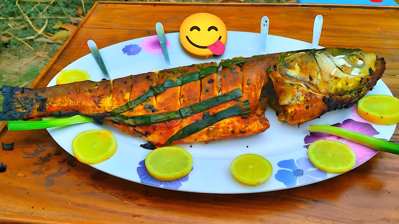 Big fish tandoori cooking in village ! grilled fish recipe ! cup fish ...