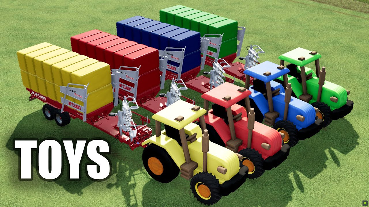 TOYS OF COLORS ! BALE MAKING and TRASPORTING with COLORED TOYS TRACTORS ...