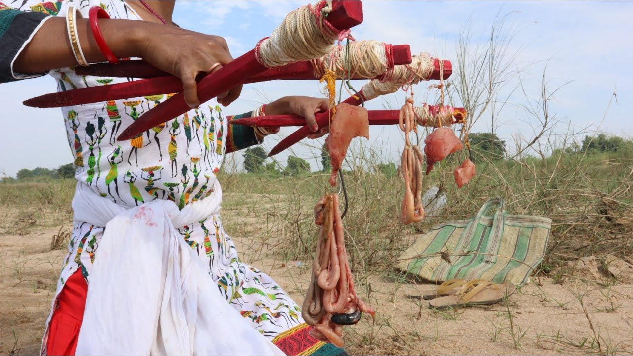 Fishing video || Beautiful lady is fishing with a hook in the village ...