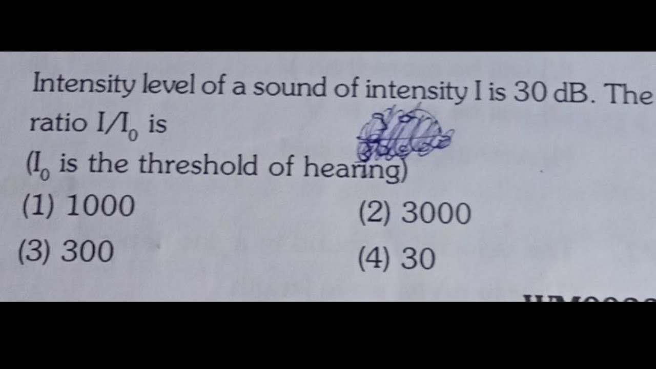 intensity level of the sound of intensity I is 30 decibal the ratio of ...