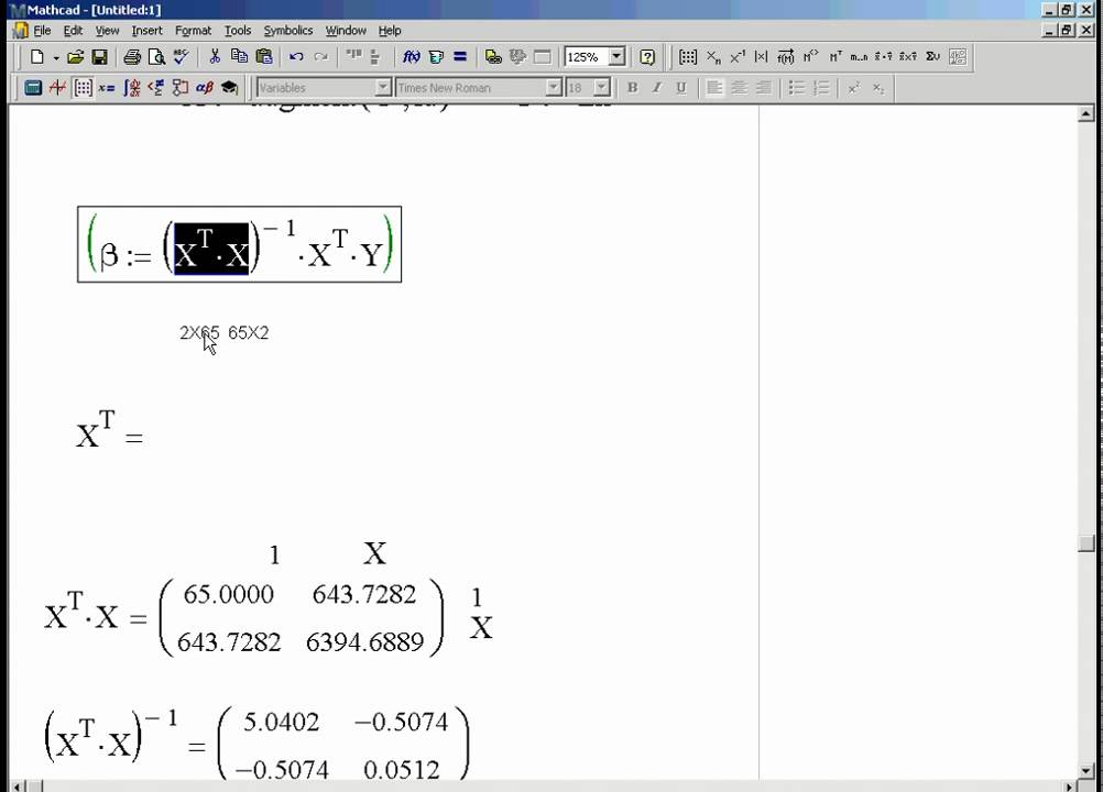 Mathcad. Calculo estimadores MCO, explicación con matrices, 2 de 4 ...