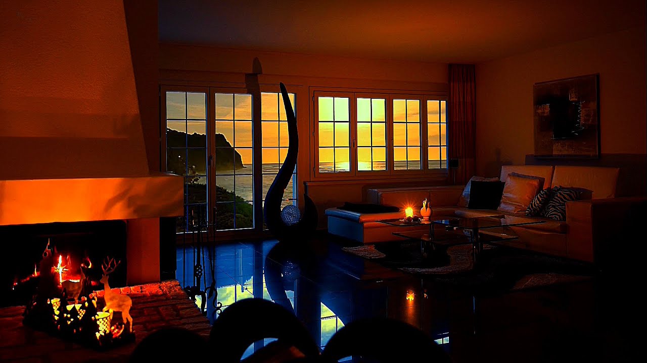 Cozy Beach House Ambience | Cozy Room Sunset with Fireplace - YouTube