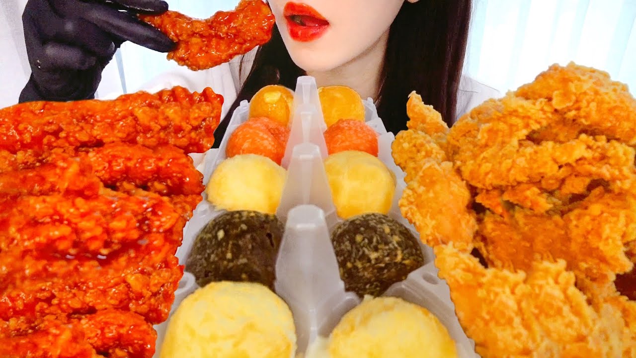 ASMR 치즈볼 양념 후라이드 반반치킨 먹방 CHEESE BALLS SPICY FRIED KOREAN CHICKEN EATING ...
