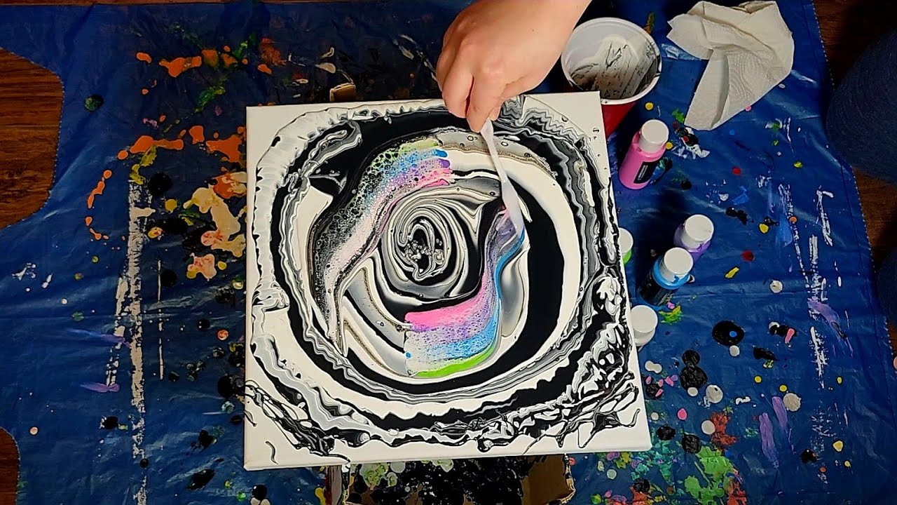 Paint Pouring- "Monochrome Geode" Dirty Pour with Metallic Swipes - YouTube