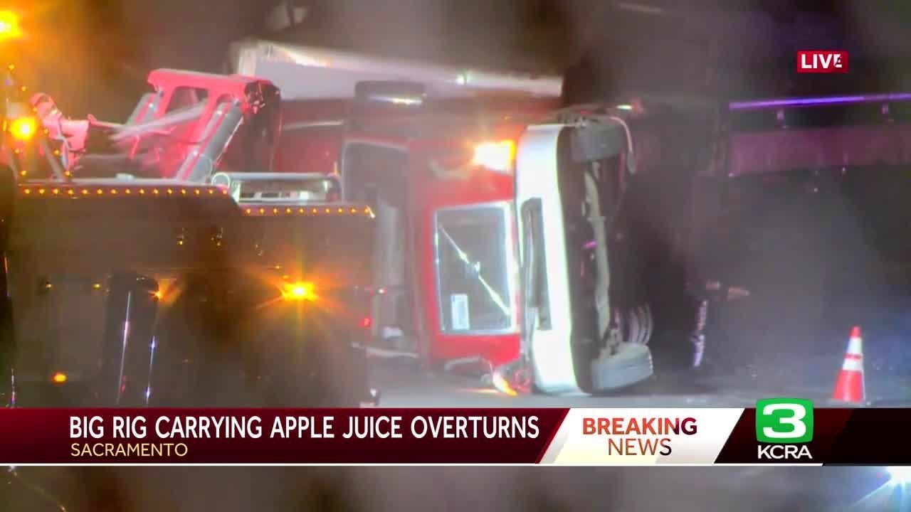 Big rig carrying apple juice oveturns, blocks freeway traffic in ...