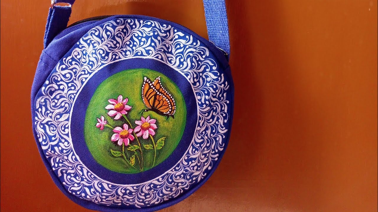 Round Tote Bag Painting || Canvas Bag Painting || Kolka Design on Bag ...
