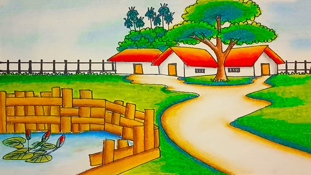 How to draw easy scenery with oil pastel drawing beautiful village ...